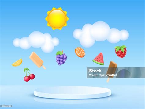 3d 여름 연단 귀여운 구름 과일 아이스크림 플랫폼 렌더링 제품 프레젠테이션 태양과 수박 라이트 쇼 무대 기하학적 형태 귀여운 제품 벡터 추상적 배경 0명에 대한 스톡 벡터