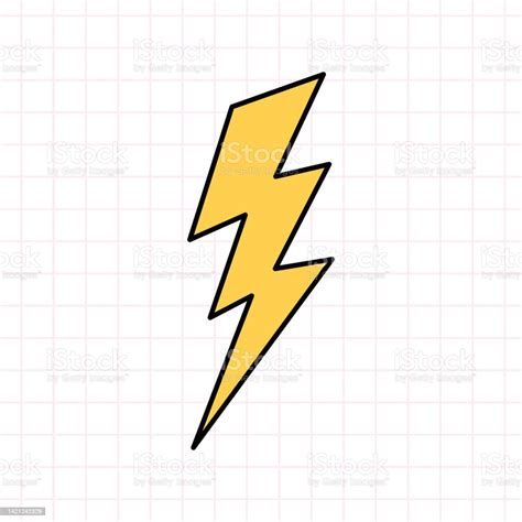 90 년대 스타일의 귀여운 노란색 번개 섬광 흰색 배경에 고립 된 벡터 손으로 그린 낙서 일러스트레이션 1990년대의 향수 카드 장식 로고 스티커에 적합합니다 번개에 대한