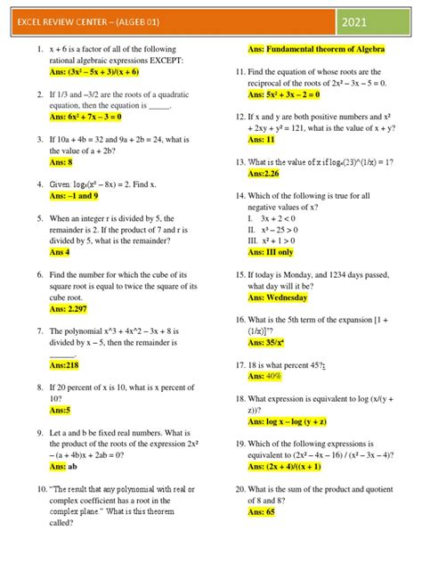 1excel Question Bank Math Algeb1 Ans Download Free Pdf Numbers