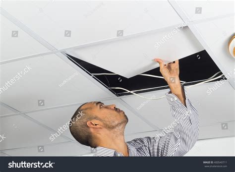 Asian Man Install Suspended Ceiling House Stock Photo