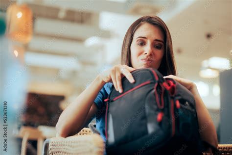 Stressed Woman Checking Her Bag In An Airport Waiting Room Unhappy