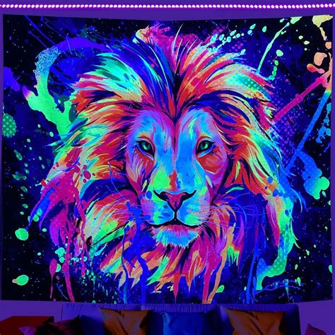 Bimwxuy Blacklight Tapestry Uv Reactive Neon Tapestry Graffiti Lion