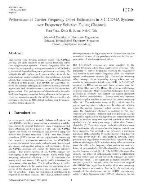 Pdf Performance Of Carrier Frequency Offset Estimation In Mc Cdma Systems Over Frequency