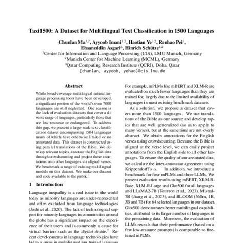 Taxi1500 A Dataset For Multilingual Text Classification In 1500 Languages Acl Anthology