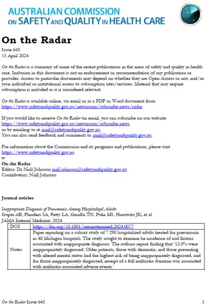 On The Radar Issue 645 Australian Commission On Safety And Quality In