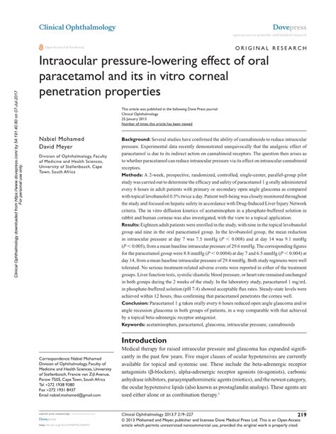Intraocular Pressure Lowering Effect Of Oral Paracetamol And Its In Vitro Corneal Penetration