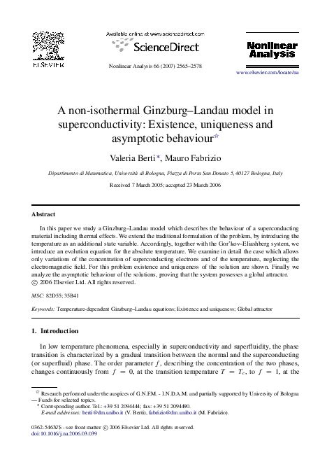 Pdf A Non Isothermal Ginzburglandau Model In Superconductivity