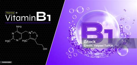 비타민 B1 물방울 보라색이 물이 튀어 나옵니다 천연 화학 공식을 가진 티아민 복합체 뷰티 케어 디자인 의학 및 과학 개념 비타민 B 1에 대한 스톡 벡터 아트 및 기타