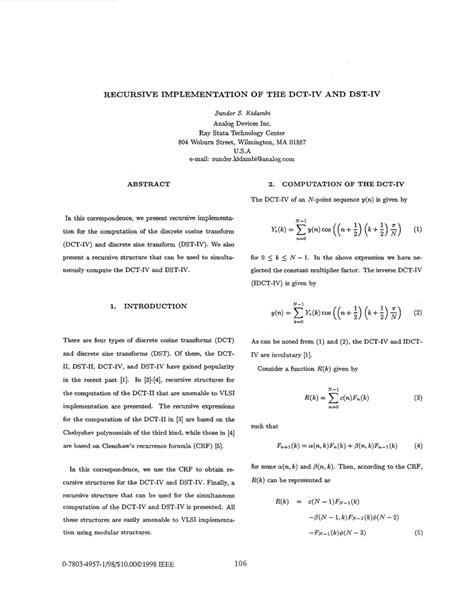 Pdf Recursive Implementation Of The Dct Iv And Dst Iv