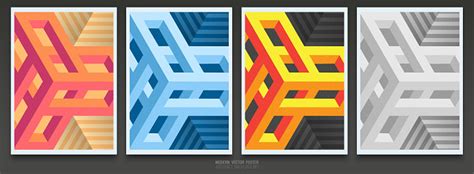 3d 구조의 환상을 만들어내는 불가능한 기하학을 가진 일련의 포스터 4가지 색상 변형 따뜻함 차가움 대비 및 단색 그래픽 배경은 깊이와 원근감을 강조합니다 0명에 대한 스톡