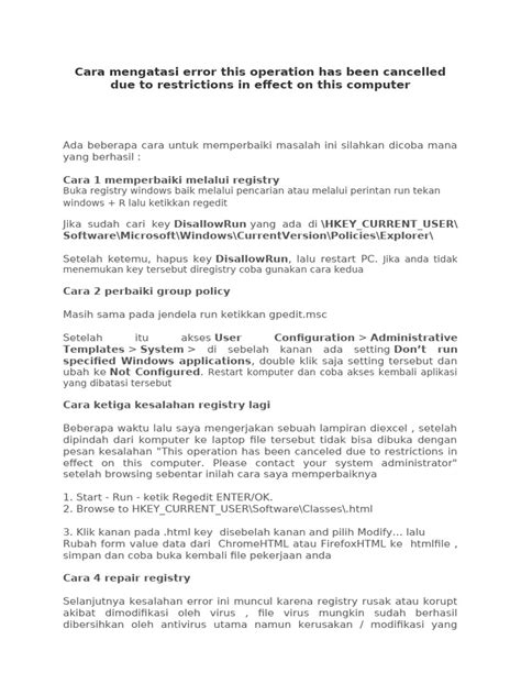 Cara Mengatasi Error This Operation Has Been Cancelled Due To Restrictions In Effect On This