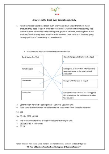 Break Even Calculations Activity Worksheet Teaching Resources