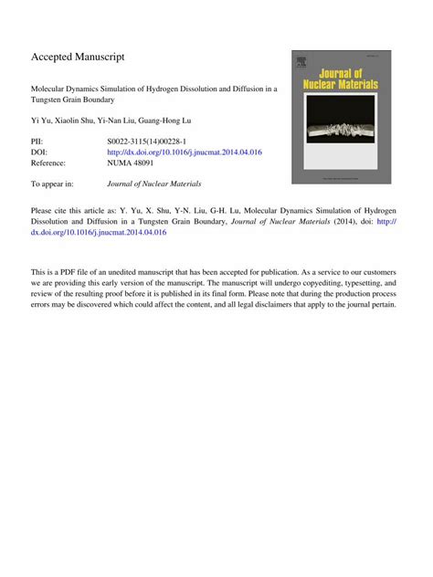 Pdf Molecular Dynamics Simulation Of Hydrogen Dissolution And Diffusion In A Tungsten Grain