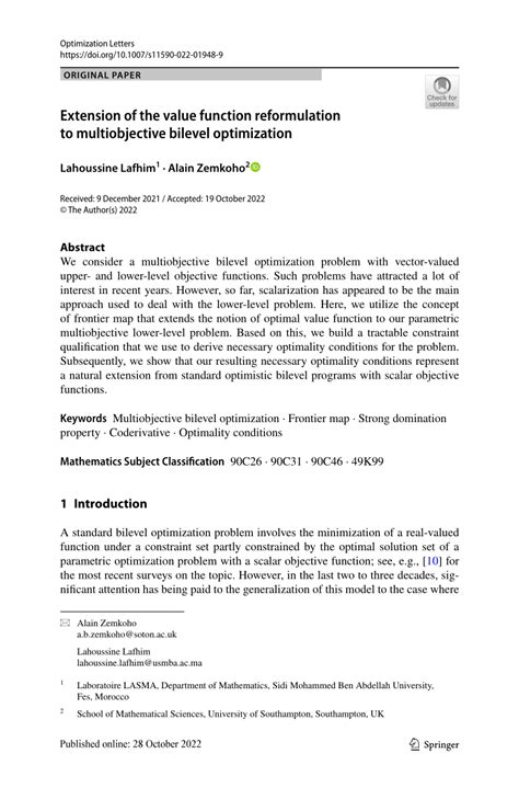 Pdf Extension Of The Value Function Reformulation To Multiobjective Bilevel Optimization