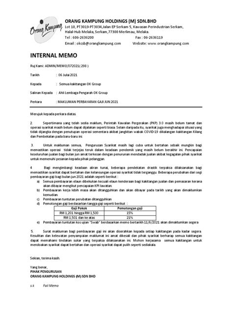Memo Makluman Pembayaran Gaji Jun 2021 Pdf