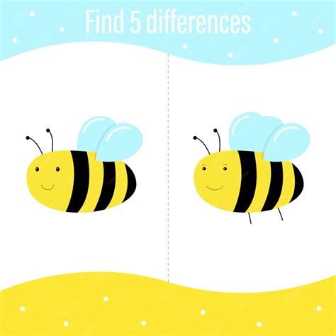Задания для дошкольников Игра для детей Распечатка Пчёлы найди 5 отличий Премиум векторы