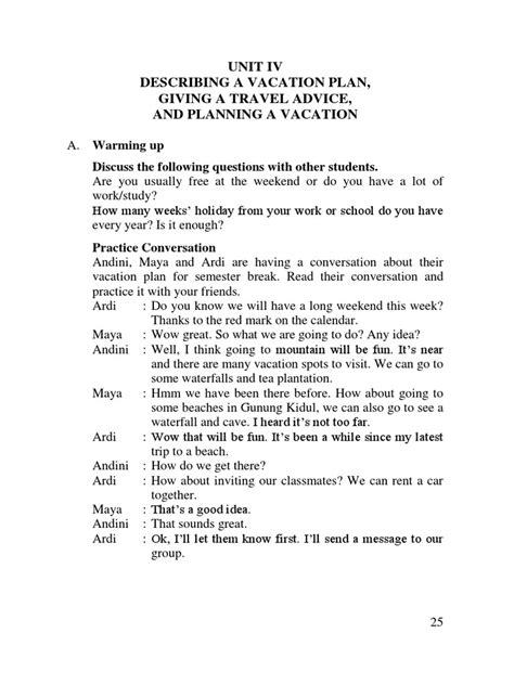 Unit Iv Describing A Vacation Plan Pdf