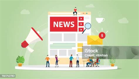 팀 인원 및 웹 사이트 페이지 디자인 및 웹 사이트 방문 홈페이지 배너 또는 디자인에 대한 알림이있는 뉴스 업데이트 개념 벡터 개념에 대한 스톡 벡터 아트 및 기타 이미지