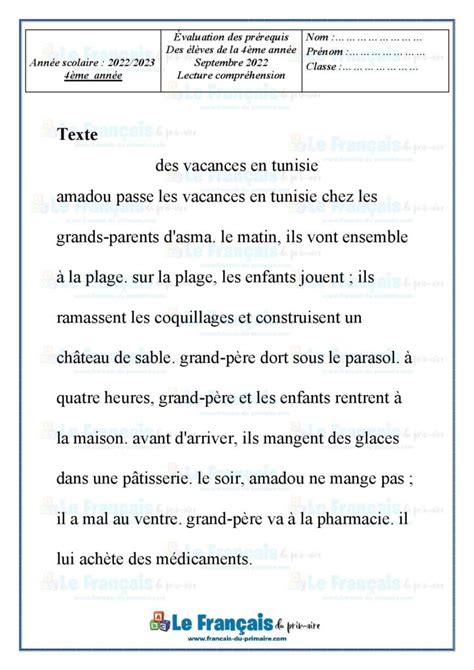 Évaluation De La Lecture Compréhension 4ème Année Prérequis Le Français Du Primaire