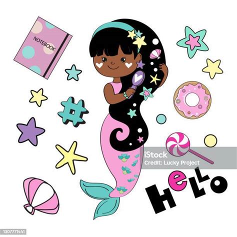 흰색 배경에 그녀의 머리를 빗질 작은 아프리카 계 미국인 인어와 벡터 그림 노트북 도넛 사탕과 비문 안녕하세요 여자를위한 컬렉션 0명에 대한 스톡 벡터 아트 및 기타 이미지