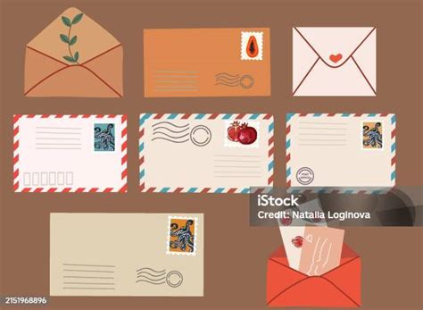 엽서와 봉투 세트 손으로 그린 엽서와 우표가 찍힌 봉투 사랑과 우정 편지 디자인의 현대 컬렉션 Vector Illustrations For Web 와 인쇄물 개체 그룹에