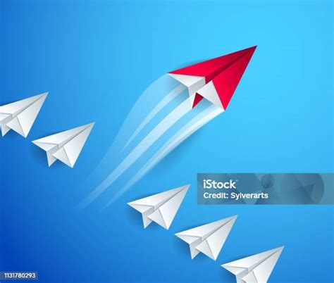 특별 하 게 선두 주자 리더십 및 성공 개념 종이 접기 종이 장난감 비행기의 라인 그들 중 하나는 라인과 이륙 3d 현실적인 벡터 일러스트 레이 션의 밖으로 서 있다 3차원