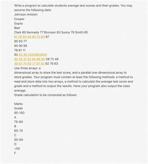 Solved Write A Program To Calculate Students Average Test Chegg