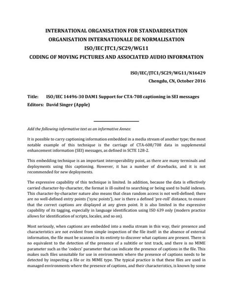 ISO IEC 14496 30 2014 DAmd 1 Support For CTA 708 Captioning In SEI Messages