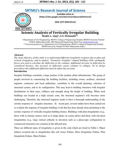 Pdf Seismic Analysis Of Vertically Irregular Building