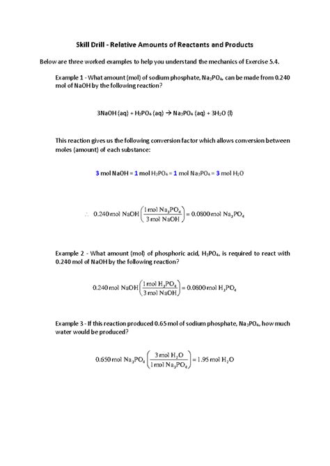 Exercise 5 4 Relative Amounts Of Reactants And Products Skill Drill