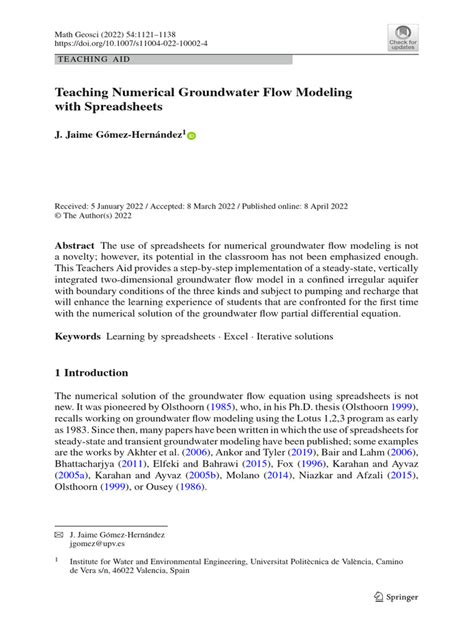 Teaching Numerical Groundwater Flow Modeling With Spreadsheets Pdf Summation Microsoft Excel