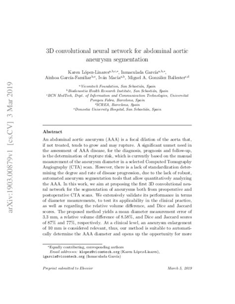 Pdf 3d Convolutional Neural Network For Abdominal Aortic Aneurysm Segmentation Ivan Macia