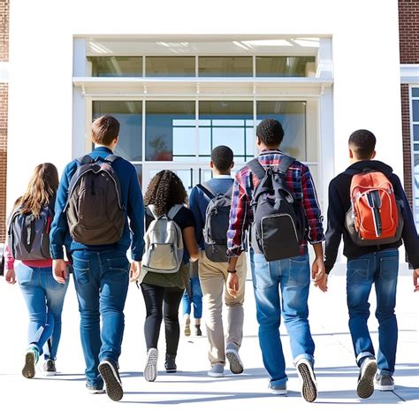 Rear View Of High School Students Walking Into College Building