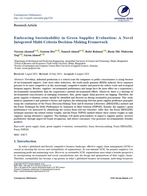Embracing Sustainability In Green Supplier Evaluation A Novel