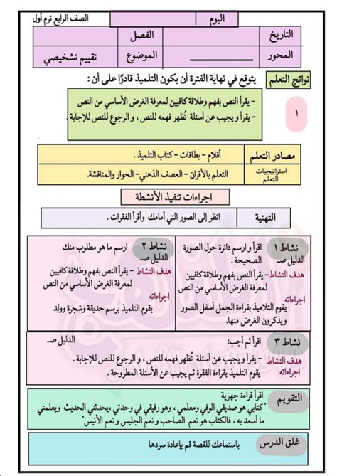 تحميل دفتر تحضير دروس اللغة العربية للصف الرابع الابتدائي 2023 Pdf