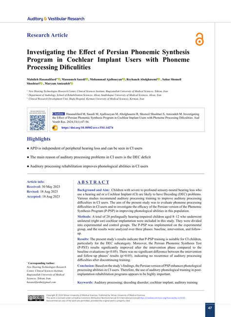 Pdf Investigating The Effect Of Persian Phonemic Synthesis Program In Cochlear Implant Users