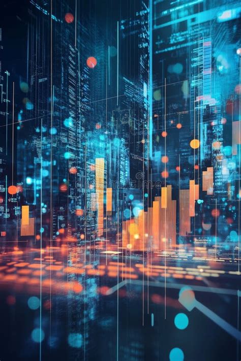 Futuristic Digital Cityscape With Dynamic Data Analytics Visualization In Neon Colors Stock