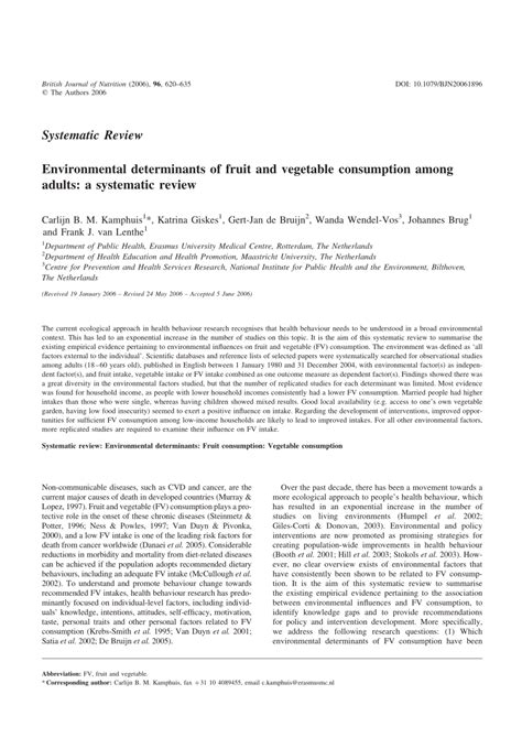Pdf Environmental Determinants Of Fruit And Vegetable Consumption—a Systematic Review