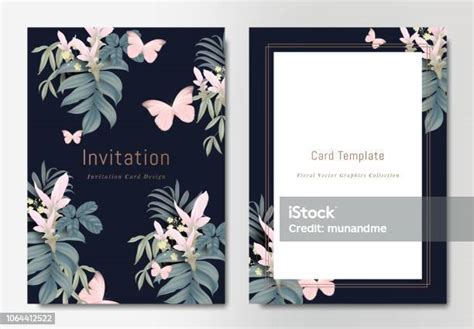 식물 결혼식 초대 카드 템플릿 디자인 핑크 되더라도 Alismatifolia 꽃의 꽃다발 고 어두운 파란색 배경 빈티지 스타일에 나비 꽃 식물에 대한 스톡 벡터 아트 및