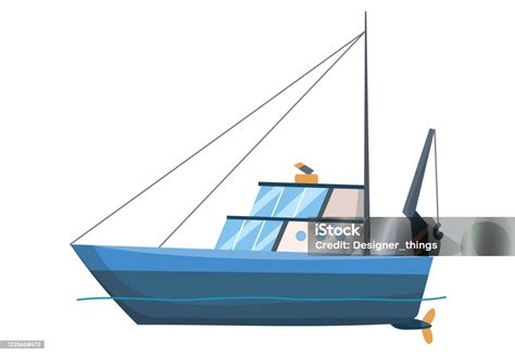 낚시 보트 측면 보기입니다 산업 용 해산물 생산을위한 상업 어업 트롤어선 해양 선박 바다 또는 해양 운송 벡터 일러스트레이션 공중에 대한 스톡 벡터 아트 및 기타 이미지