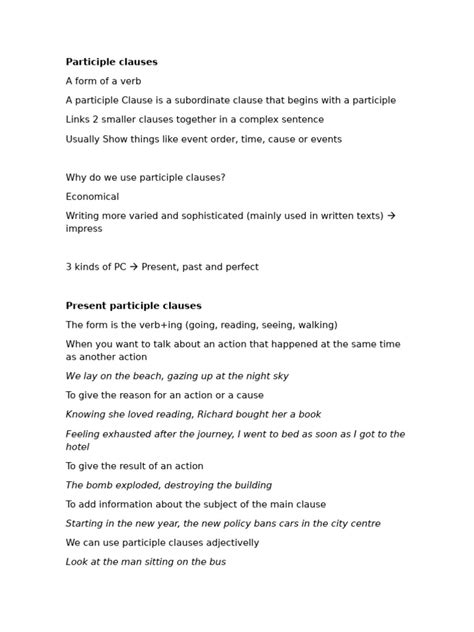Participle Clauses Pdf Verb Subject Grammar