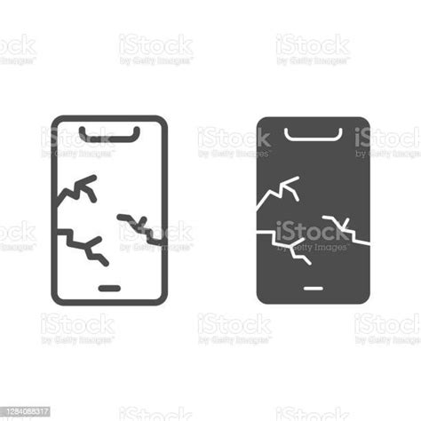 금이 전화 선과 단단한 아이콘 스마트 폰 검토 개념 흰색 배경에 깨진 화면 기호 모바일 개념 및 웹 디자인을위한 개요 스타일로 스마트 폰 아이콘에 균열 벡터 그래픽 금이