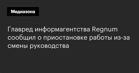 Главред информагентства Regnum сообщил о приостановке работы из‑за смены руководства