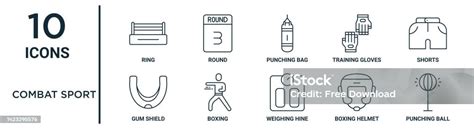 전투 스포츠 개요 아이콘 세트는 얇은 라인 링 펀칭 가방 반바지 권투 권투 헬멧 펀칭 공 보고서 프리젠 테이션 다이어그램 웹 디자인을위한 껌 방패 아이콘을 포함합니다 가방에