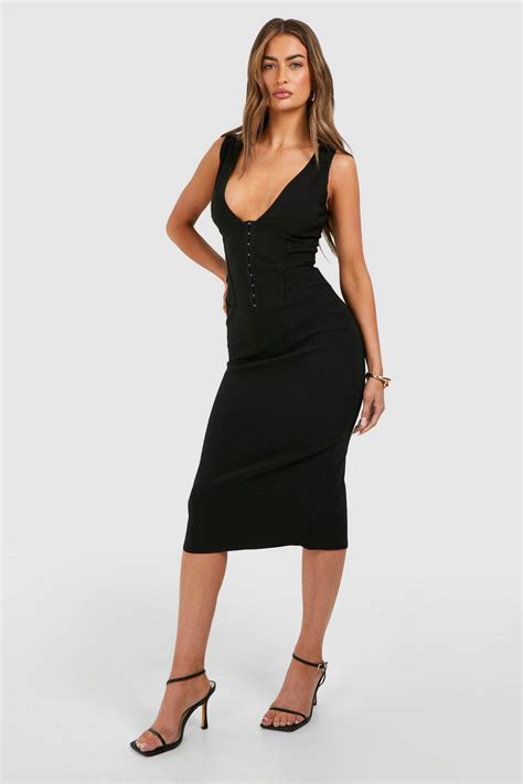 Plunge Corset Detail Midi Dress Boohoo Usa