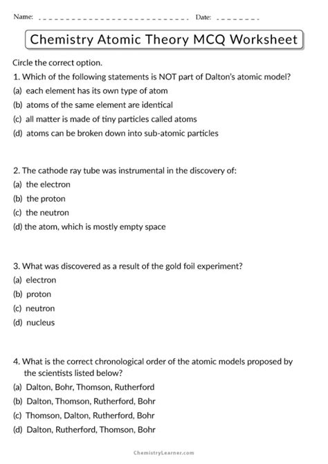 Free Printable Atomic Theory Worksheets