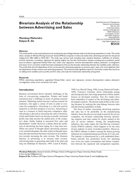 Pdf Bivariate Analysis Of The Relationship Between Advertising And Sales