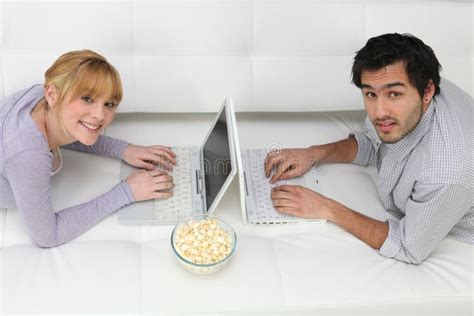 Couple Using Laptops Stock Image Image Of Girlfriend