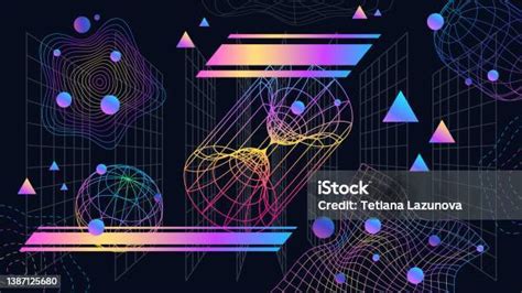 3d 그리드와 모양의 네오 미래 추상적 배경 네온 와이어프레임 그래픽 레트로 사이버 디자인 90 년대 게임 기술 벡터 배너 복고풍에 대한 스톡 벡터 아트 및 기타 이미지