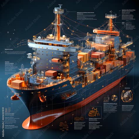 Futuristic 2d Isometric Representation Of Cargo Ship Equipped Advanced Technology Featuring